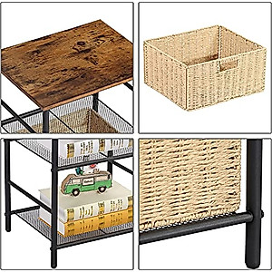 VECELO Tall End/Side Table with 2 Wicker Basket Storage Shelf Telephone Stand for Living Room, Bathroom, Bedroom, Office, Entryway, Easy Assembly, 3-Tier, Brown