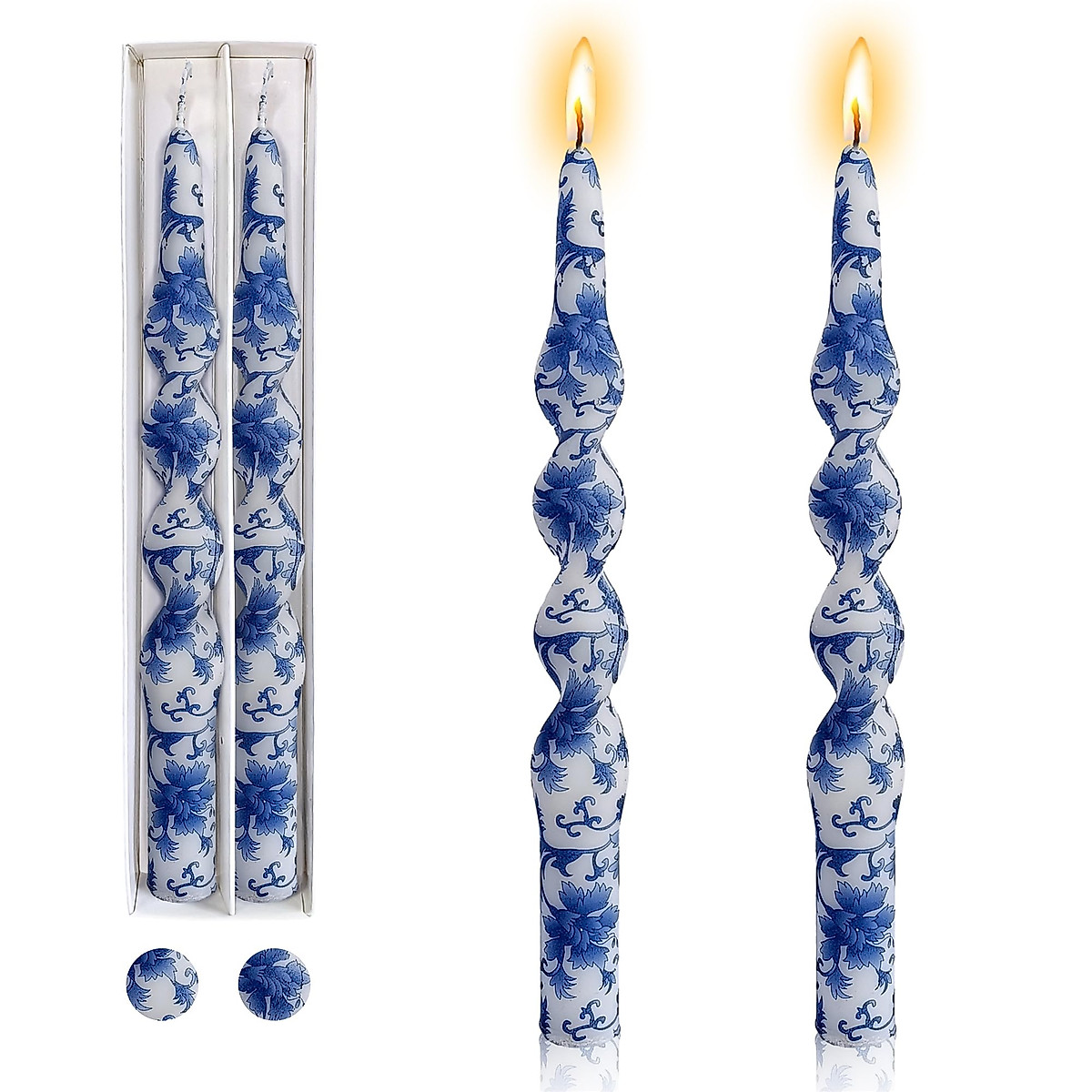 Floral Candlesticks Spiral Taper Candles - Gedengni Set of 2 Blue and White Twisted Candlesticks 10 Inches Long Candle Sticks Colorful Tapered Candles for Household Dinner Wedding Party (1D2T-BLUWHT)