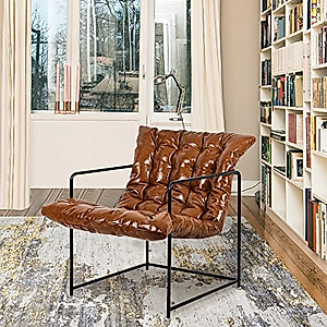 GIA Mid Century Modern Sling Accent Chair for Living Room, Bedroom, and Office, Set of 1, Upholstered in Brown PU Leather with Black Metal Base