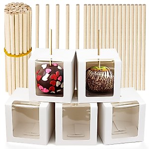FIREBOOMOON 30 PCS White Kraft Candy Apple Boxes with Holes and Sticks,Caramel Candied Apple Cake Cookies Chocolate Gift Boxes with Clear Window for Wedding,Party,Baby Shower(4" x 4" x 4")