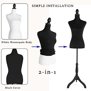 Encomle Dress Form Female Mannequin, Height Adjustable White Mannequin Body with Removable Black Torso Cover for Sewing, Display, 2-in-1