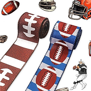 ABTOLS 2 Roll 10 Yards Football Ribbons 2.5", Blue Super Football Bowl Sport Wired Edge Burlap Ribbon Fall Brown Ribbon for Farmhouse Decor Gift Wrapping DIY Crafts Wreaths Bow