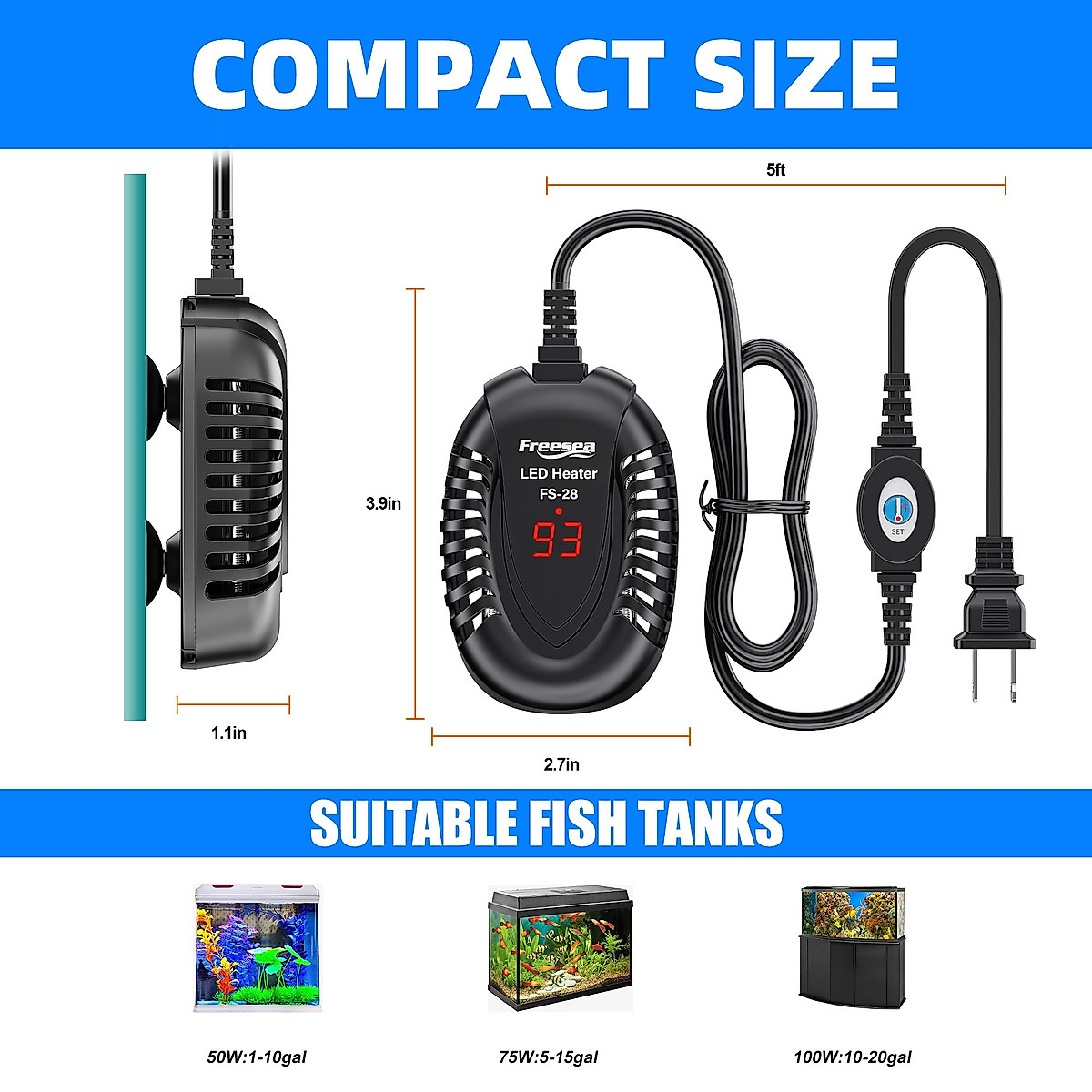 FREESEA Aquarium Fish Tank Heater: 100W Small Submersible Turtle Heater with Adjustable Temperature External Controller for Betta | Saltwater | Freshwater | 10-20 Gallon