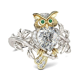Jeulia 3 Carat Owl Rings Women Two Tone Pear Cut Cubic Zirconia Engagement Ring 925 Sterling Silver Wedding Rings CZ Solitaire Rings Anniversary Promise Romantic Gift (7)
