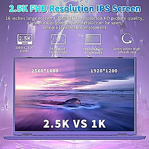 【Win 11 Pro/Office 2019】 16" Laptop Ultra-Narrow bezels 2.5K FHD(2560x1600) IPS Screen, Celeron N5095, 12G RAM, 1TB SSD, Color Backlit KB, Fingerprint Reader, WiFi, Type-C, HDMI(12G+1T SSD, Purple)