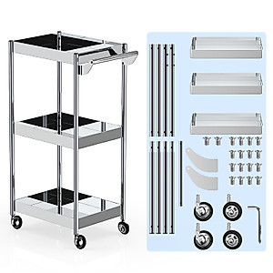 johgee 3 Shelf Mirror Stainless Steel Utility Cart, 3 Tier Stainless Steel Cart with Wheels with Handle, Serving Car, Rolling Medical Cart for Salon, Spa, Lab, Dental Clinic, Lab, Hospital