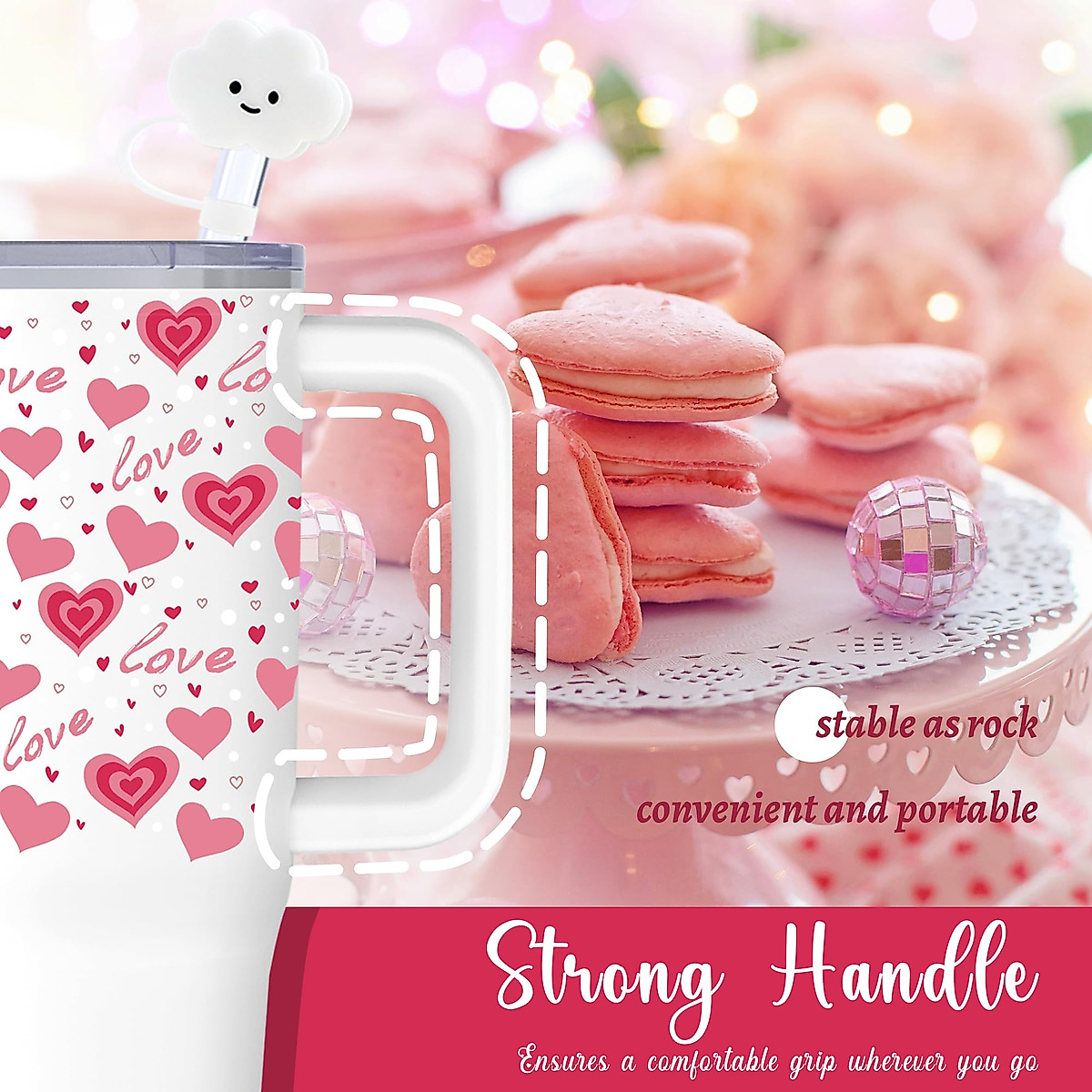 winiwo 40 oz Valentines Tumbler with Handle and Straw, Heart tumbler Gifts for Mom/Women/Wife/Her/Love, Insulated White Tumbler, Fits Cupholders, Available Gift Wrapping