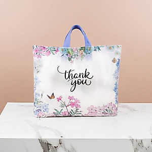 Purple Q Crafts Thank You Bags for Business 50 Pack 15" W x 12" H Floral Plastic Shopping Bags With Soft Loop Handle Thank You Shopping Bags