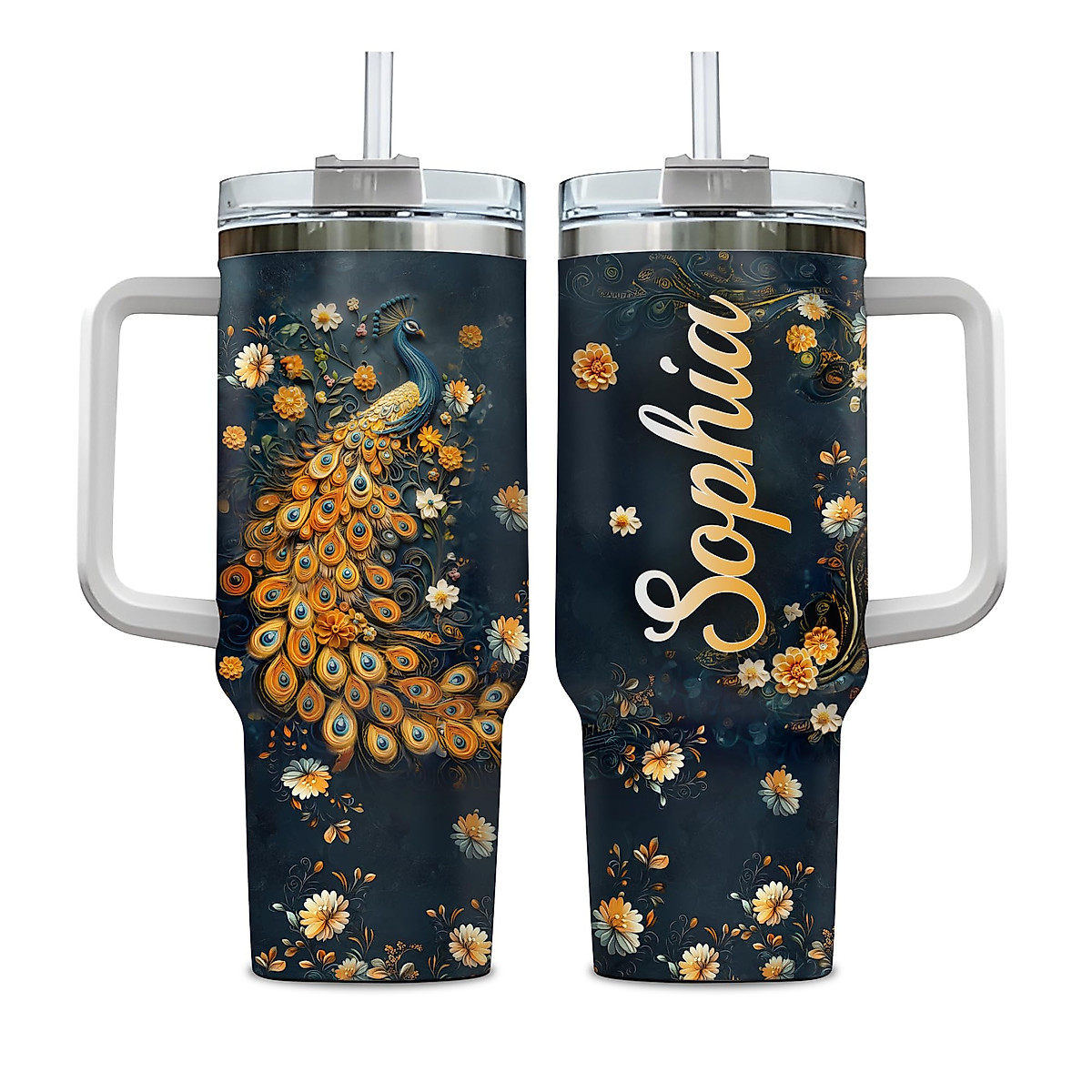 Hyturtle Personalized Peacock Tumbler - Floral Peacock Gifts For Women - Animal Present For Peafowls Lover Her - Mothers Day Present For Mom - Custom Name Travel Coffee Cup 40 oz With Lid And Straw
