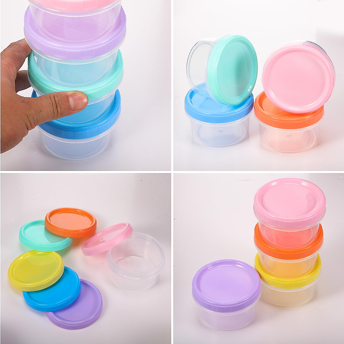 Ziliny Reusable 7 oz Plastic Containers with Lids Food Storage Jars Multicolor Stackable Containers Meal Prep Food Storage Jars, Freezer Microwave Safe(48 Pcs)