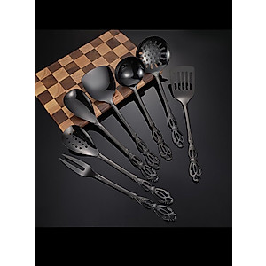 Black Stainless Steel Cooking Utensils Set Heat Resistant Kitchen Utensils Set Includes Colander, BBQ Fork, Pasta Scoop, Soup Spoon, Pointed Spoon, Spoon, Metal Kitchen Tool