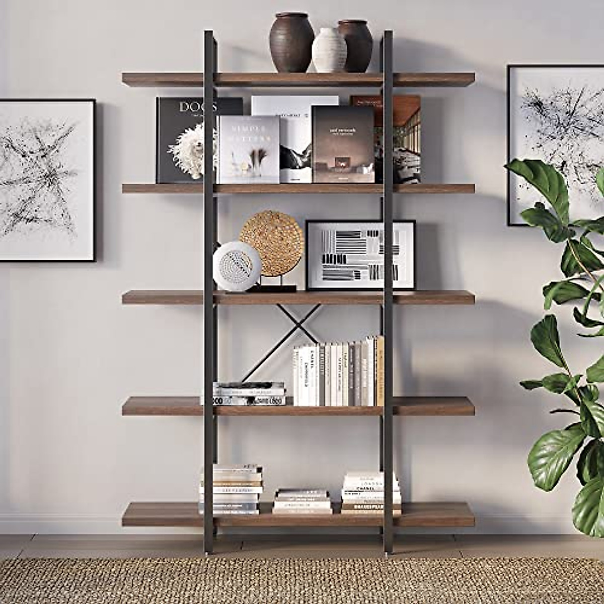 BELLEZE 5-Tier Wood Bookshelf, 70 Inch Industrial Storage Shelves Organizer for Living Room, Pantry, Home Office and Garage, Open Display Shelves with Metal Frame - Dark Walnut