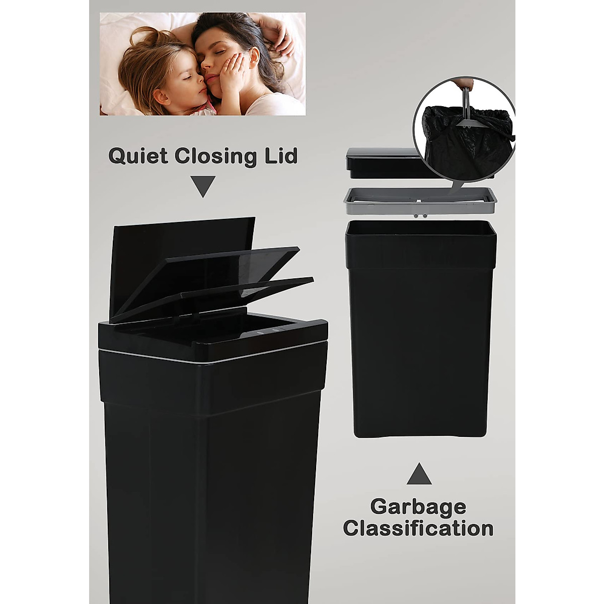 13 Gallon Trash Can, Touchless Automatic Garbage Can with Lid,50 Liter Rectangular High-Capacity Infrared Motion Sensor Trash Can for Kitchen Bathroom Bedroom Home Office, Kitchen Trash Can