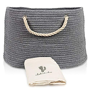 XXL Extra Large Cotton Rope Basket with Exclusive Laundry Bag: Wide Storage Organizer for Living Room, Blankets, Sofa Throws, Nursery, Baby Kids Toys, Playroom: 20" x 14" Hand Woven Hamper (Grey)