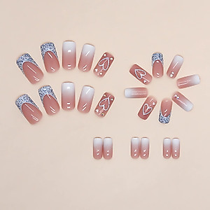 SINSEN Square Press on Nails Medium Length - French Tip Press on Nails Heart Deign, Glossy Pink Fake Nails with Adhesive Glue Stickers, Reusable Stick on Nails in 12 Sizes, 24 Pcs Medium French Nails