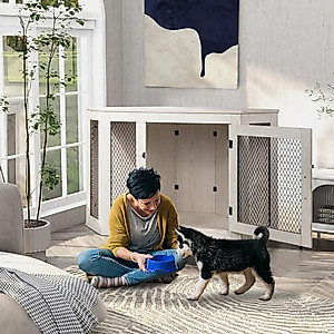 VITESSE Corner Dog Crate 44/52inch, Wooden Dog Crate Furniture for Medium Dogs, Durable Dog Kennel Indoor End Table, Decorative Puppy Kennel with Sturdy Mesh, Heavy-Duty Pet House with Portable Switch