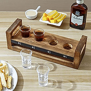 MyGift Flight Serving Caddy Set, Rustic Burnt Solid Wood Tasting Holding Tray with Handles - Includes 4 Clear Shot Glasses and Chalkboard Label Panel