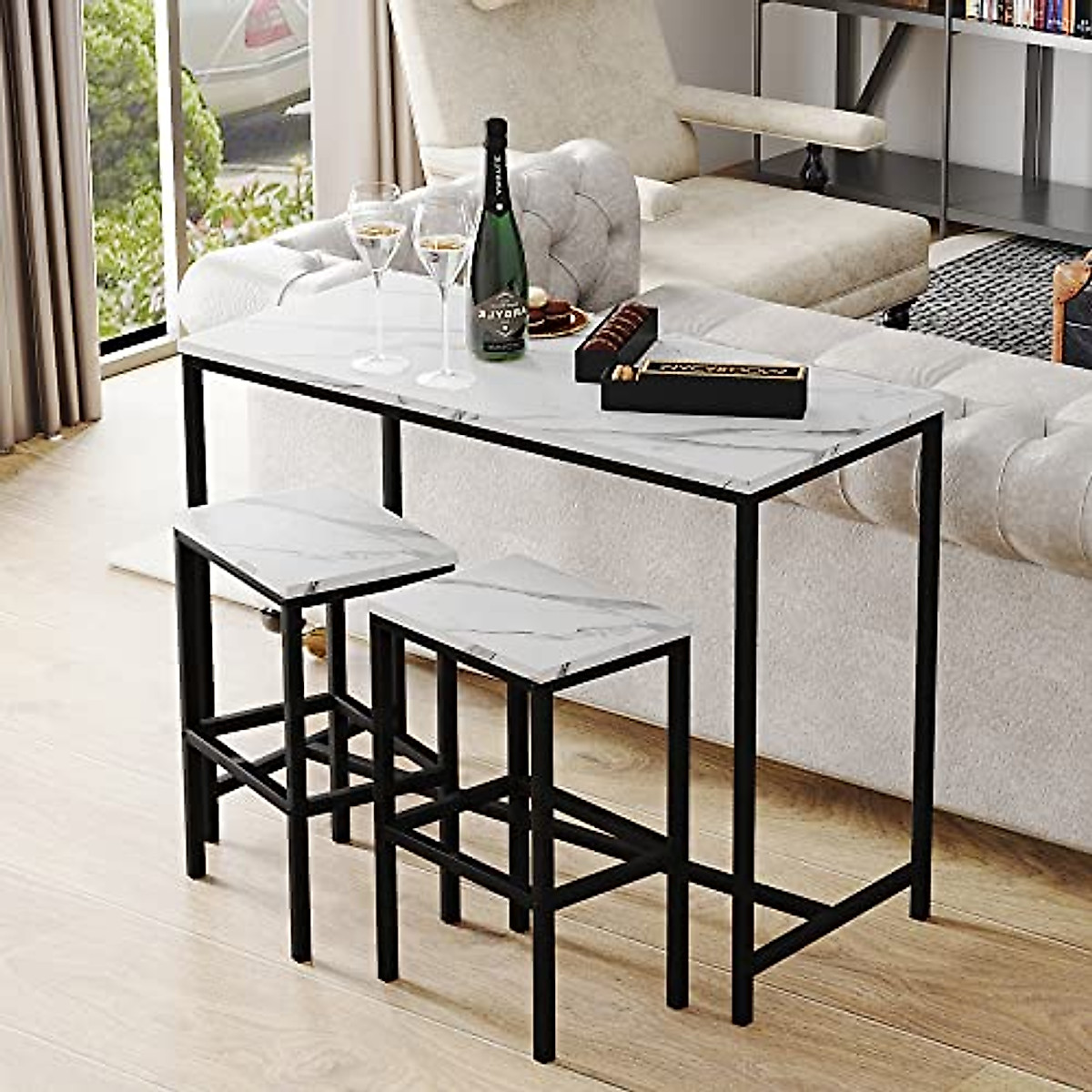 Yongchuang 3 Piece Bar Table Set, Bar Table and Chairs Set of 2, Modern Counter Height Table with 2 Stools for Kitchen, Dining Room, Living Room Breakfast Table White Faux Marble Wood Top
