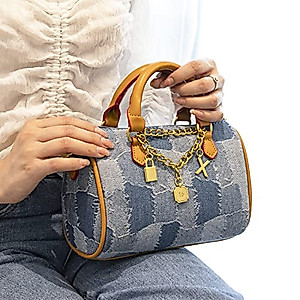 Mini Small Denim Purse Jean Purse Boston Barrel Bags Quilted Checkered Purse Top Handle Canvas Tote Bag Crossbody bags Satchel Handbag for Women,Blue