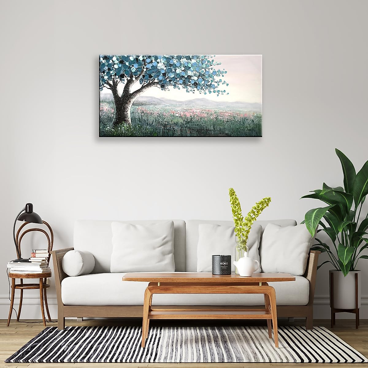 GUMEYJIA Blue Tree Wall Art Hand-Painted Tree Oil Painting on Canvas Gallery Wrapped Large Framed Big Tree landscape Artwork Suitable for Living Room Bedroom Office Decor 20x40 Inch X1 Piece