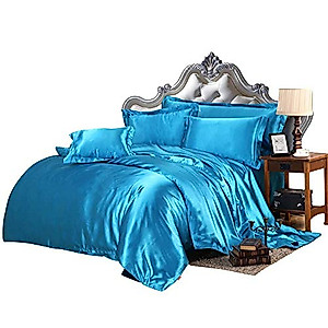 Cotton Home Depot Satin 9 PCS Comforter Set(Comforter + Duvet Cover + Flat Sheet + Fitted Sheet 21" Deep Pocket + Bedskirt + 4 Pillow Cases ) Bedding Set Turquoise Blue,California King