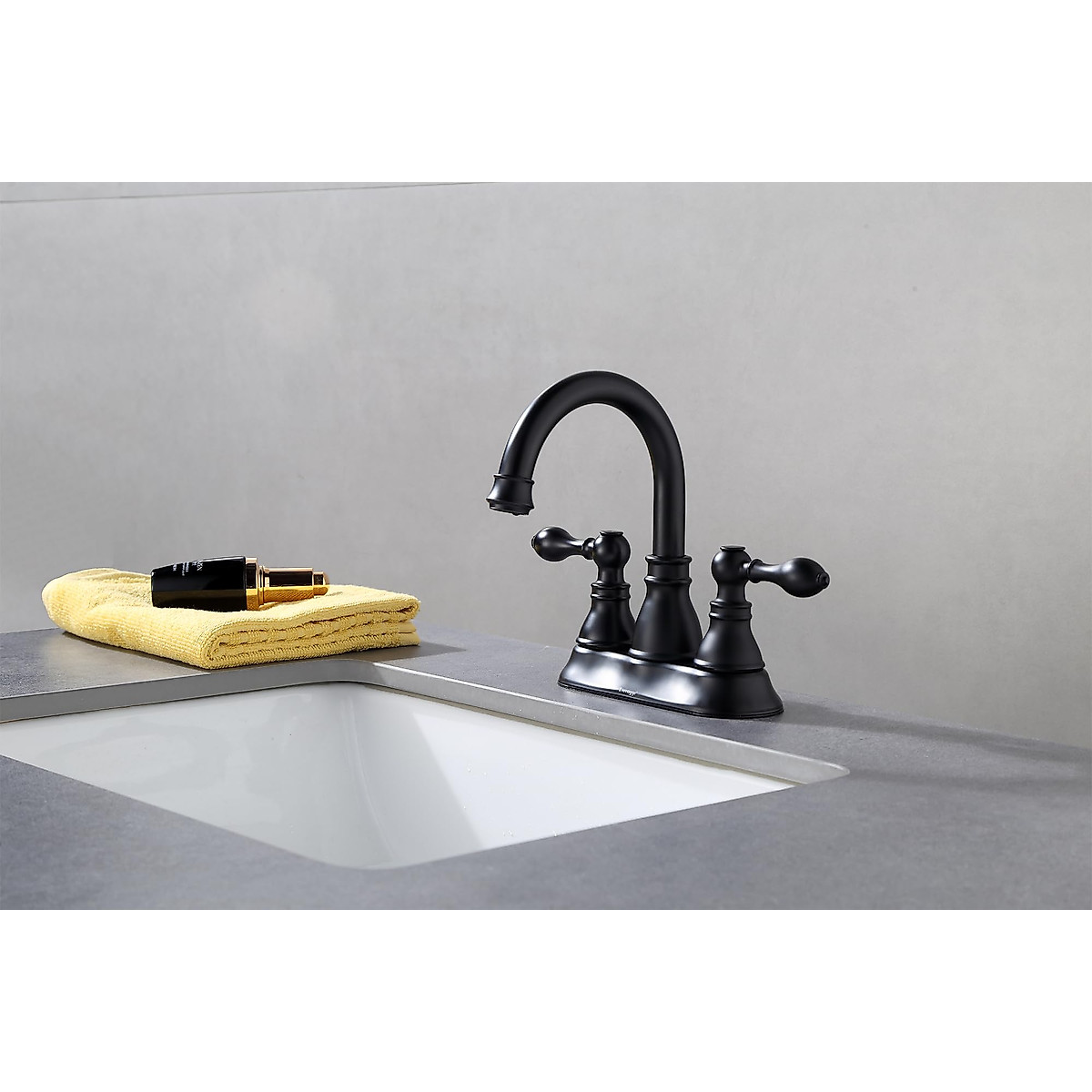 Derengge Two Handle Bathroom Sink Faucet Matte Black 3 Hole Bathroom Faucet with Overflow Pop up Drain, 360° Swivel Spout Sink Faucet 4 Inch Centerset Lavatory Faucet,F-4501-MT