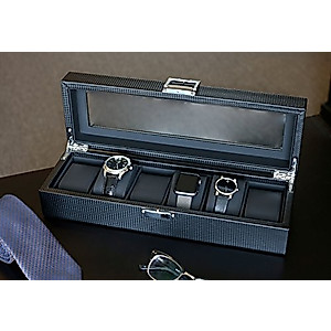 Mantello Watch Box for Men - 6 Slot Luxury Carbon Fiber Watch Case, Watch Box Organizer for Men, Gifts for Him, Metal Buckle - Black