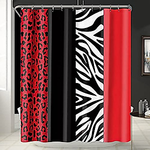 Jicosrel 4 PCS Bathroom Shower Curtain Set with Rugs,Leopard and Zebra Shower Curtain Bathroom Decor Set(Bath Mat,U Shape and Toilet Lid Cover Mat,Black and Red)