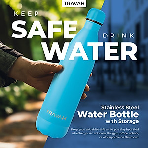 Diversion Safe Water Bottle Can Hidden Bottom for Valuables 17ounce Liquid Capacity and Dry Storage Compartment Stainless Steel Vacuum Insulated Leak Proof Smell Proof Bag Included (Light Blue)