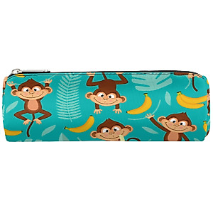 Cute Monkey Canvas Pencil Case Bag, Monkey Banana Cylinder Zippe Pencil Case Storage Pouch Simple Stationery Bag for Middle High School Office College Student