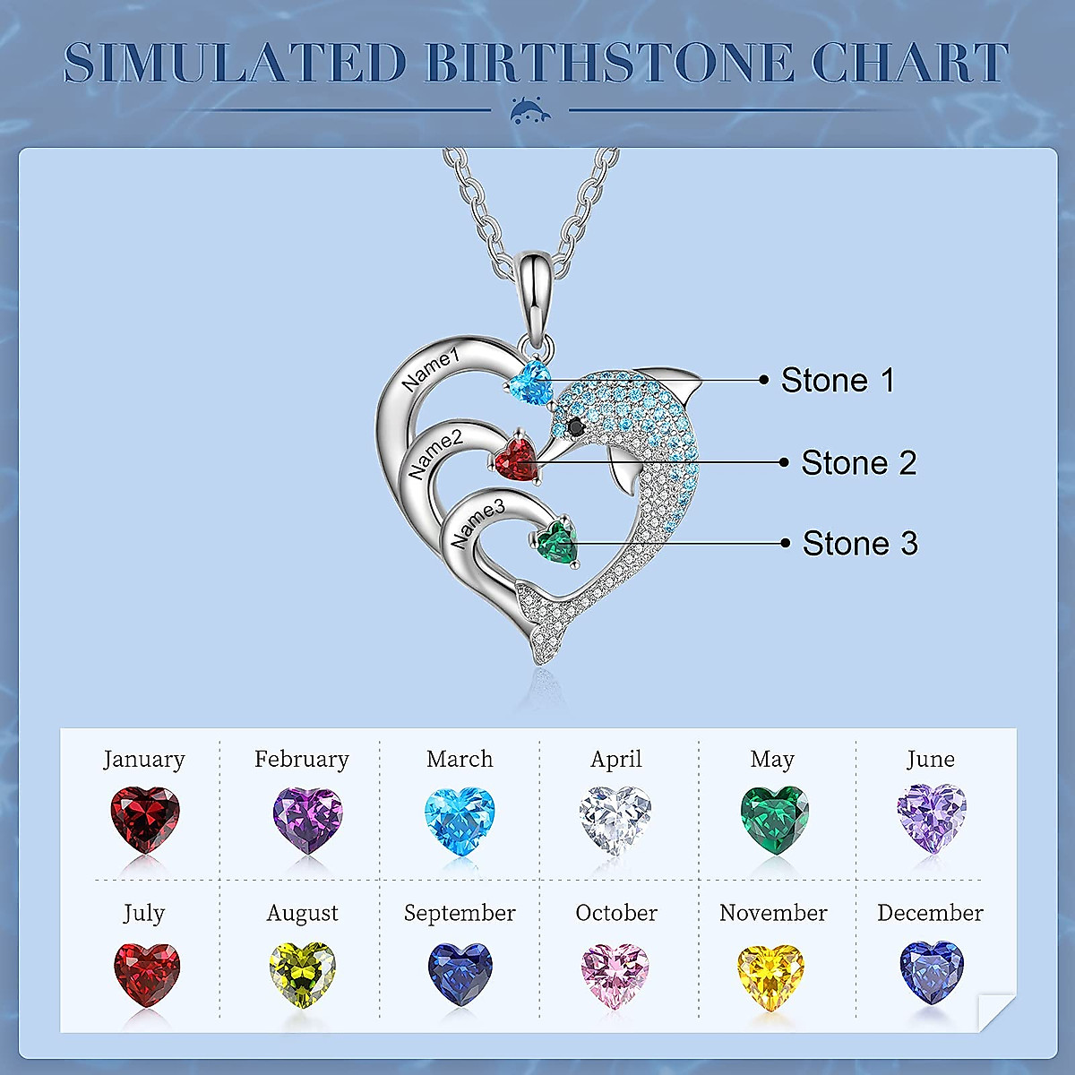 JewelOra Gifts for Mom Personalized Dolphin Necklace Customized Heart Necklace with Simulated Birthstone Engraved Name Necklace Pendant for Women Mom Cute Dolphin Animal Jewelry Gift(3 name)