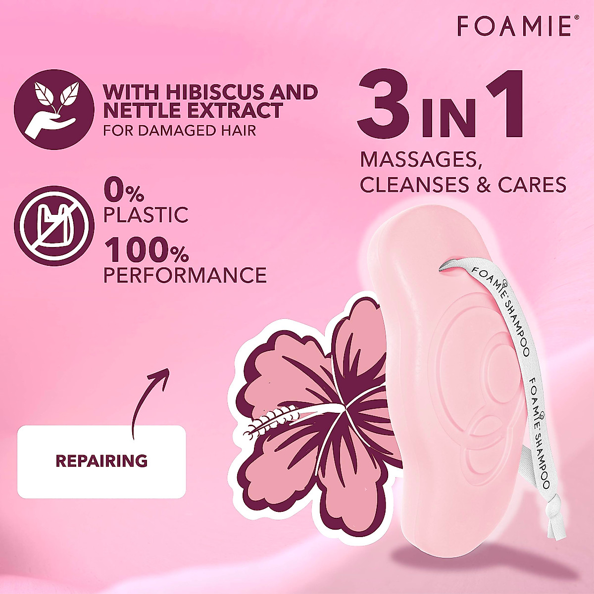 Foamie Natural Shampoo Bar Soap-Free, Paraben & Sulfate Free Solid Shampoo For Damaged Hair Hibiscus & Nettle Extract, Strengthens & Repair Frizzy Hair