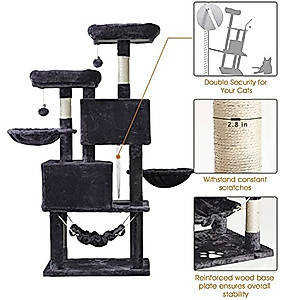 MQ Cat Tree Cat Tower 57in Multi-Level Cat Scratching Post with Condos, Basket, Hammock & Plush Perches for Kittens, Large Cats, Smoky Gray