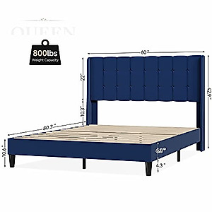 IDEALHOUSE Queen Size Bed Frame with Headboard Wingback, Upholstered Platform Bed with Button Tufted Headboard, Wooden Slats Support, Easy Assembly, Noise-Free, No Box Spring Needed, Blue