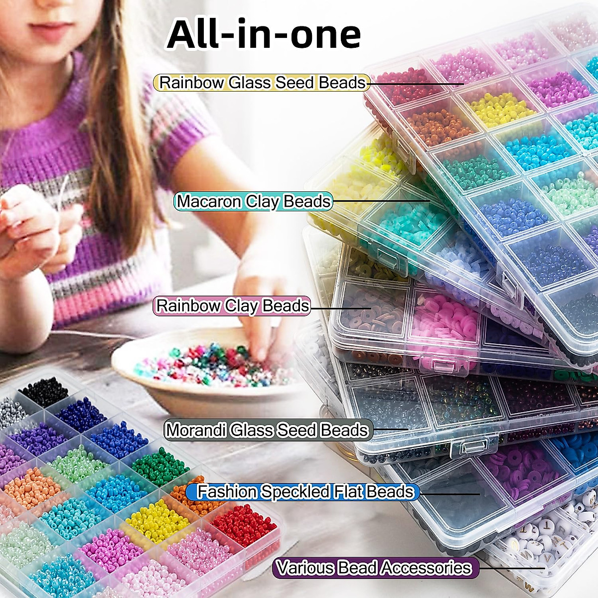 TINY FUN 6 Boxes 16800pcs 72 Colors Clay Beads and 48 Colors Glass Seed Beads for Friendship Bracelets Making Kit Heishi Beads with Letters Beads