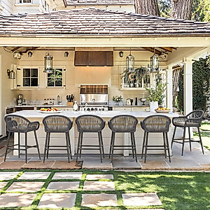 26.8" H Rattan Boho Outdoor Counter Height Bar Stools Set of 6, Woven Rope Backrest & Armrest Outdoor Barstools with Aluminum Legs for Kitchen Patio, Slate Gray