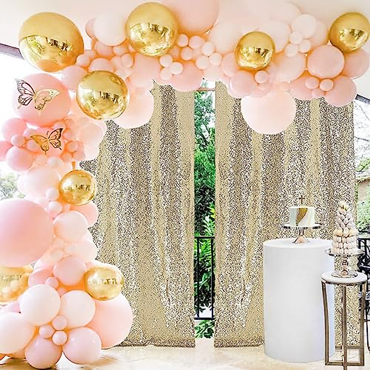 2×8FT-2PCS Champagne Gold Sequin Backdrop Curtains Panels, Photography Backdrop Glitter Curtains Fabric Background for Christmas Wedding Party Decor