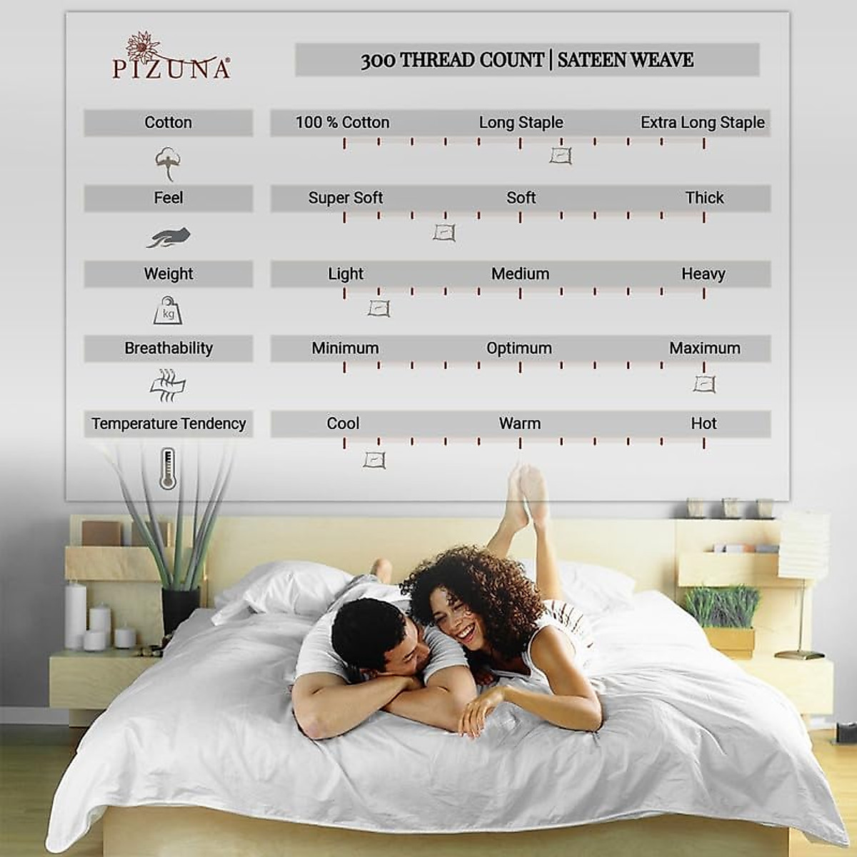 Pizuna Cotton Full Duvet Cover Set, 300 Thread Count Long Staple Cotton Sateen Weave with Button Closure (Combed Checks Luxury White Cotton Duvet Cover Full)