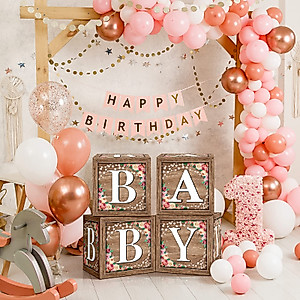 Floral Baby Shower Box Birthday Party Decoration Balloon Blocks First Birthday Centerpiece Decor for Girls Wood Grain Base Gender Reveal Party Supplies (Floral-Box-01)…