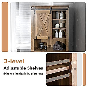 Giantex Over The Toilet Storage Cabinet - Freestanding Toilet Rack with Sliding Barn Door, 3-Level Adjustable Shelves, Anti-Toppling Devices, Non-Slip Foot Pads, Bathroom Toilet Shelf, Rustic Brown