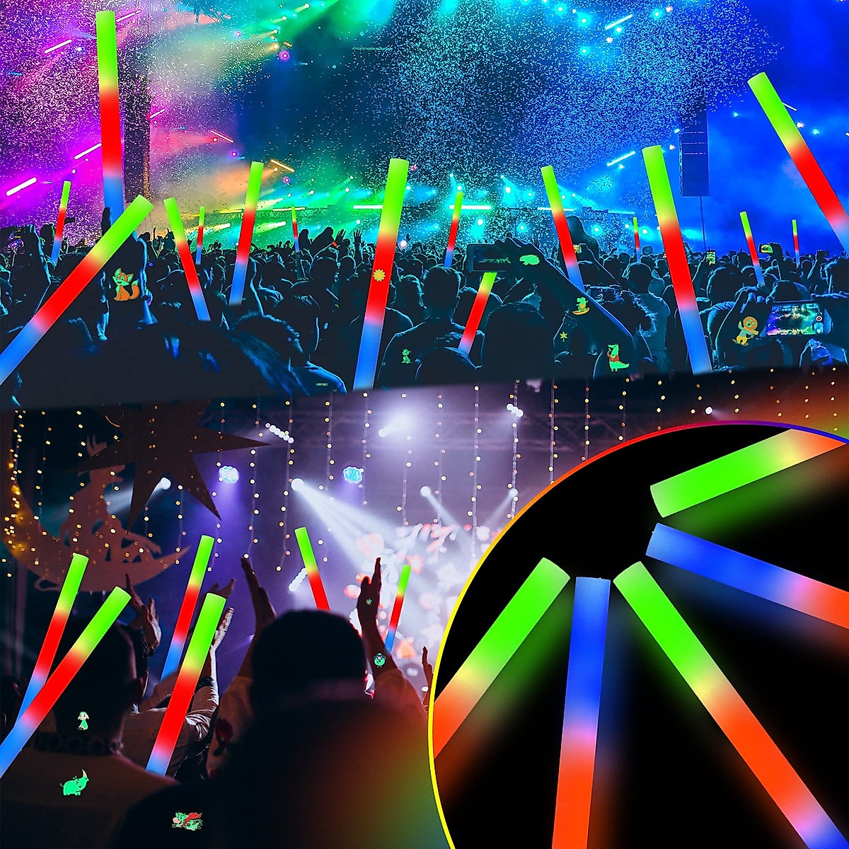 JDNRXO 28 PCS Glow Sticks Bulk, LED Light Up Foam Sticks Party Favors with 3 Flashing Modes, Glow in The Dark Party Supplies for Halloween, Wedding, Birthday, Carnival - Extra 5 Glowing Stickers