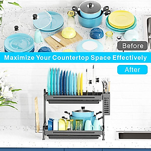 GSlife Dish Drying Rack, Metal 2 Tier Dish Rack Rust-Resistant Dish Drainer with Utensil Holder, Cutting Board Holder Set for Kitchen Counter, Black