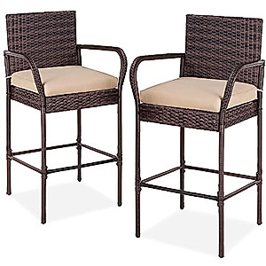 Best Choice Products Set of 2 Wicker Bar Stools, Indoor Outdoor Bar Height Chairs w/Cushion, Footrests, Armrests for Backyard, Patio, Pool, Garden, Deck - Brown