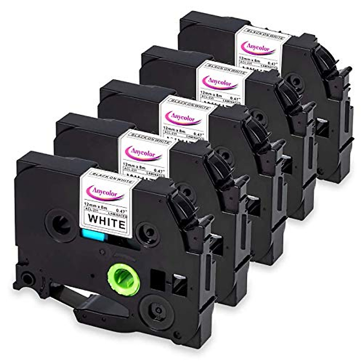 Anycolor Tz Tape 12mm 0.47 Laminated White Compatible with Brother P-Touch TZe-231 TZe231 Label Maker Tape for Brother PTouch PT-D210 D220 H110 D410 D600 1880 2040, Black on White Tape, 5 Pack