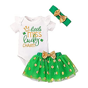 St.Patrick 's Day Newborn Baby Girl Short Sleeve Round Neck Romper Tops+Dots Tutu Tulle Skirt+Headband 3pcs Clothes Set (Green, 0-3 Months)