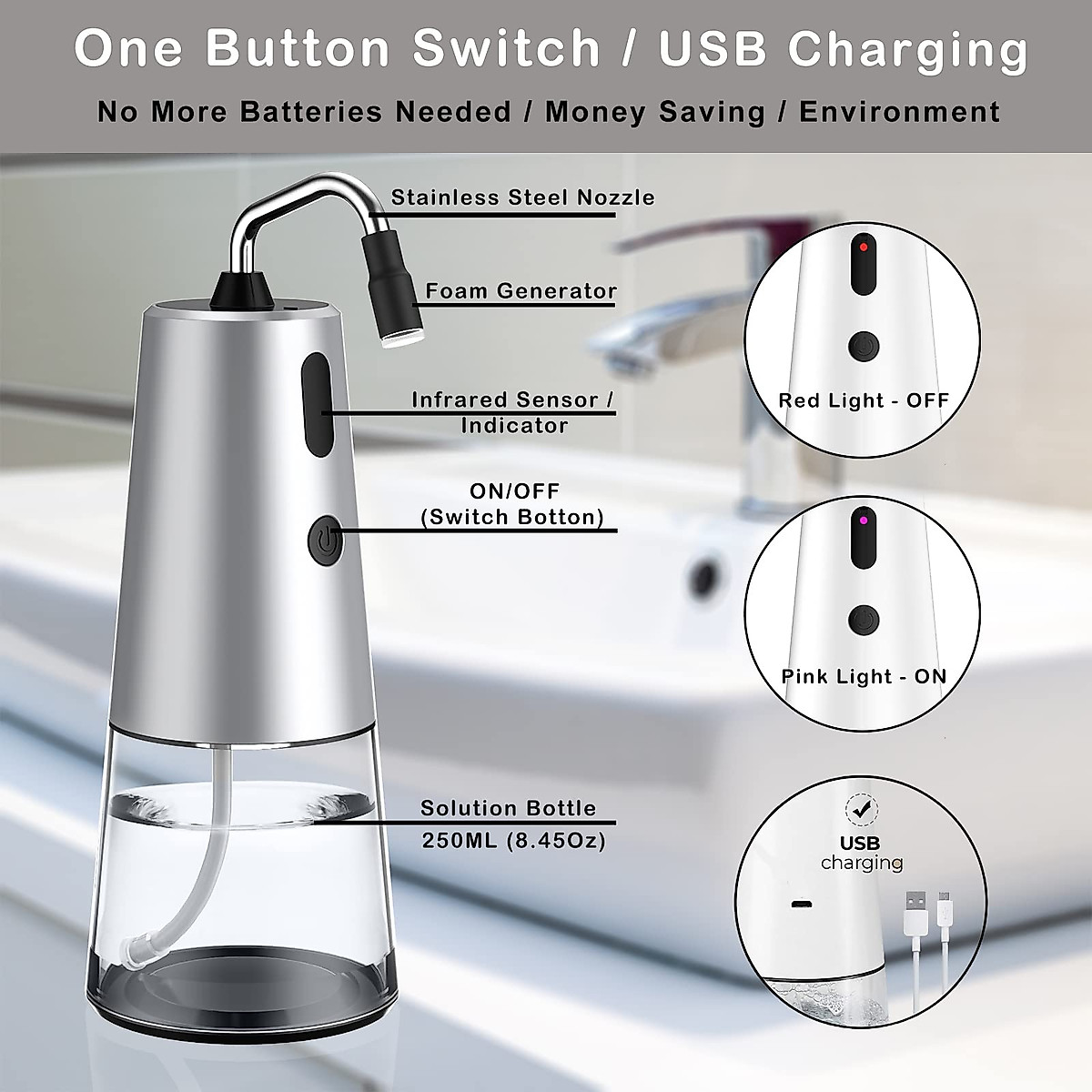 FAIBAEELLY Automatic Foaming Soap Dispenser, Touchless Foam Hand Soap Dispenser with Replaceable Foam Generator, Infrared Sensor, Rechargeable, Foam Soap Dispenser for Bathroom & Kitchen, Silver