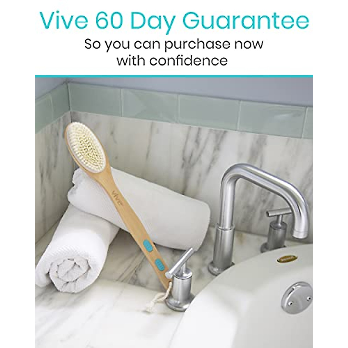 Vive Back Scrubber Brush for Shower - for Dry or Wet Body Brushing - Long Handle - Cleaning Lymphatic Drainage Handled Washer for Men, Women - Showering Bathing Exfoliator with Soft & Stiff Bristles