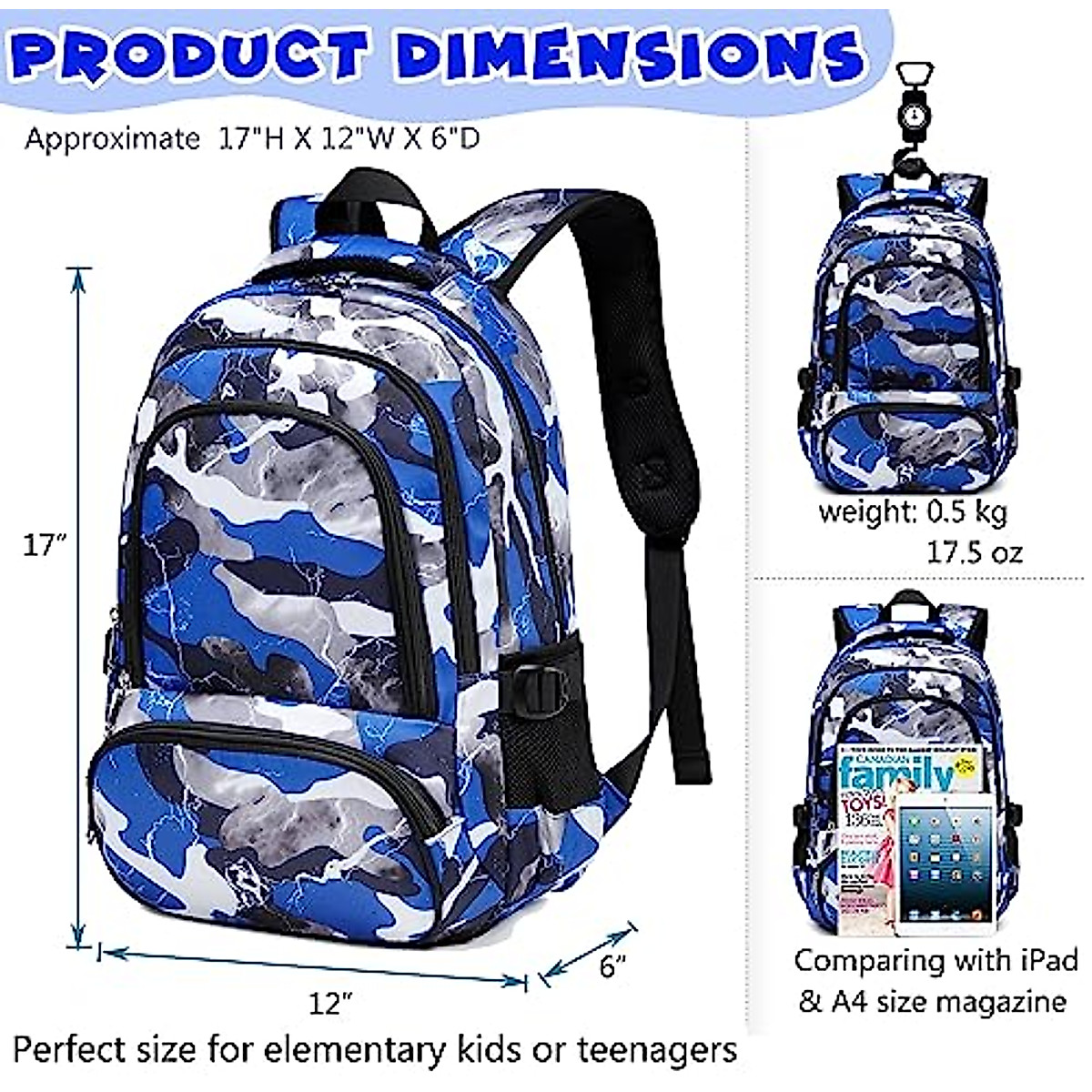 BLUEFAIRY Kids Backpack Boys Elementary School Bags Primary Middle School Book Bags for Teens Kindergarten Sturdy Waterproof Lightweight Durable Travel Gifts 17 Inch Ages 6-12 (Camo Blue)