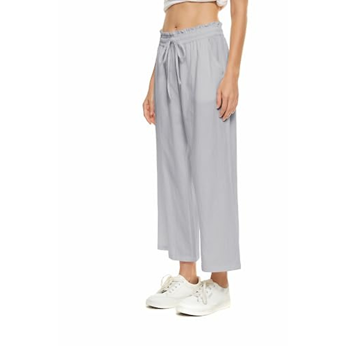 LNX Womens Wide Leg Linen Pants High Waisted Drawstring Flowy Casual Crop Trousers with Pockets Gray