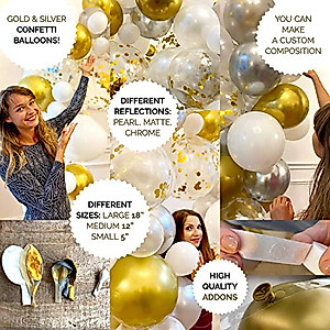 White and Gold Balloon Garland Kit with Gold Silver Confetti - Easy to Assemble 100pcs Premium White and Gold Balloons for Birthday Party - Gold and White Balloon Arch Kit for Baby Shower Balloon Arch